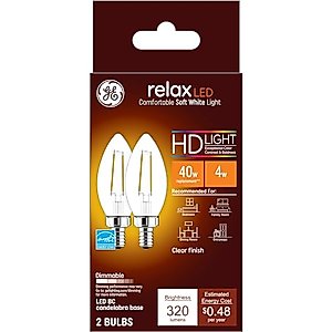 GE Relax LED Light Bulbs, Candle Light, Soft White, 40 Watts, Clear Decorative B11 Bulbs, Small Base (8 Pack)