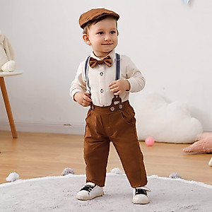 YUEMION Baby Boy Clothes Set Infant Tuxedo Long Sleeve Gentleman Suit Outfits + Beret Hat + Suspender Pants + Bowtie(L Beige - long sleeve, 6-12 Months)