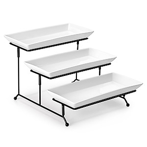 MALACASA 3 Tier Serving Trays for Party, Porcelain Serving Platters and Trays, 12 Inch Tiered Tray Stand, Fruit Tray, Trays for Serving Food, White Dessert Stand with Collapsible Sturdier Metal Rack