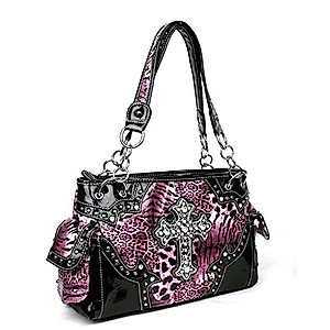 western rhinestone cross leopard concealed carry handbag with matching wallets in 3 colors (Purple)