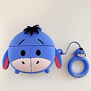 Soft Silicone Blue Eeyore Donkey Cover with Ring Strap for Apple AirPods Pro/Pro 2 Winnie The Pooh 3D Disney Cartoon Anime Cute Lovely Adorable Kids Girls Boys