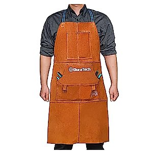 DURATECH Welding Apron, 36" Leather Welding Apron Heat Flame Resistant, Heavy Duty Welding Apron with 6 Tool Pockets, 100% Cowhide Leather Work Apron Big And Tall, Woodworking Apron