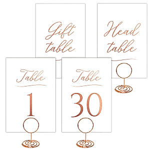 Rose Gold Table Numbers , 30 pc Wedding Table Numbers with Rose Gold Stands , Anniversary , Birthday , Bridal Shower Party , Baby Showers , Event