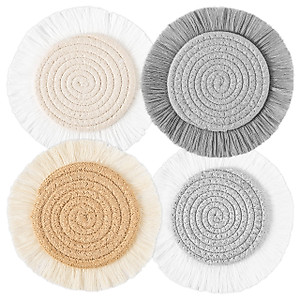 GROBRO7 4Pcs Cotton Trivets Pot Holders for Kitchen Heat Resistant Hot Mats with Tassel Hand Woven Potholder Rustic Boho Style Farmhouse Home Decor Washable Hot Pads for Baking and Cooking 7.7 in Gray