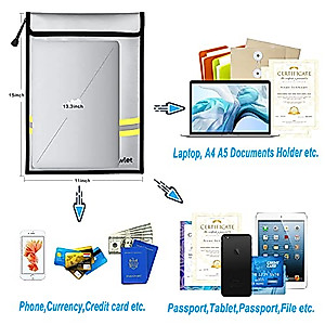 Fireproof Waterproof Money Document Bag - 15" x 11" Upgraded Zipper Bags, Fire & Water Resistant Storage Organizer Pouch for A4 A5 Documents Holder,File,Cash,Jewelry,Passport,Tablet,Laptop (Gray)