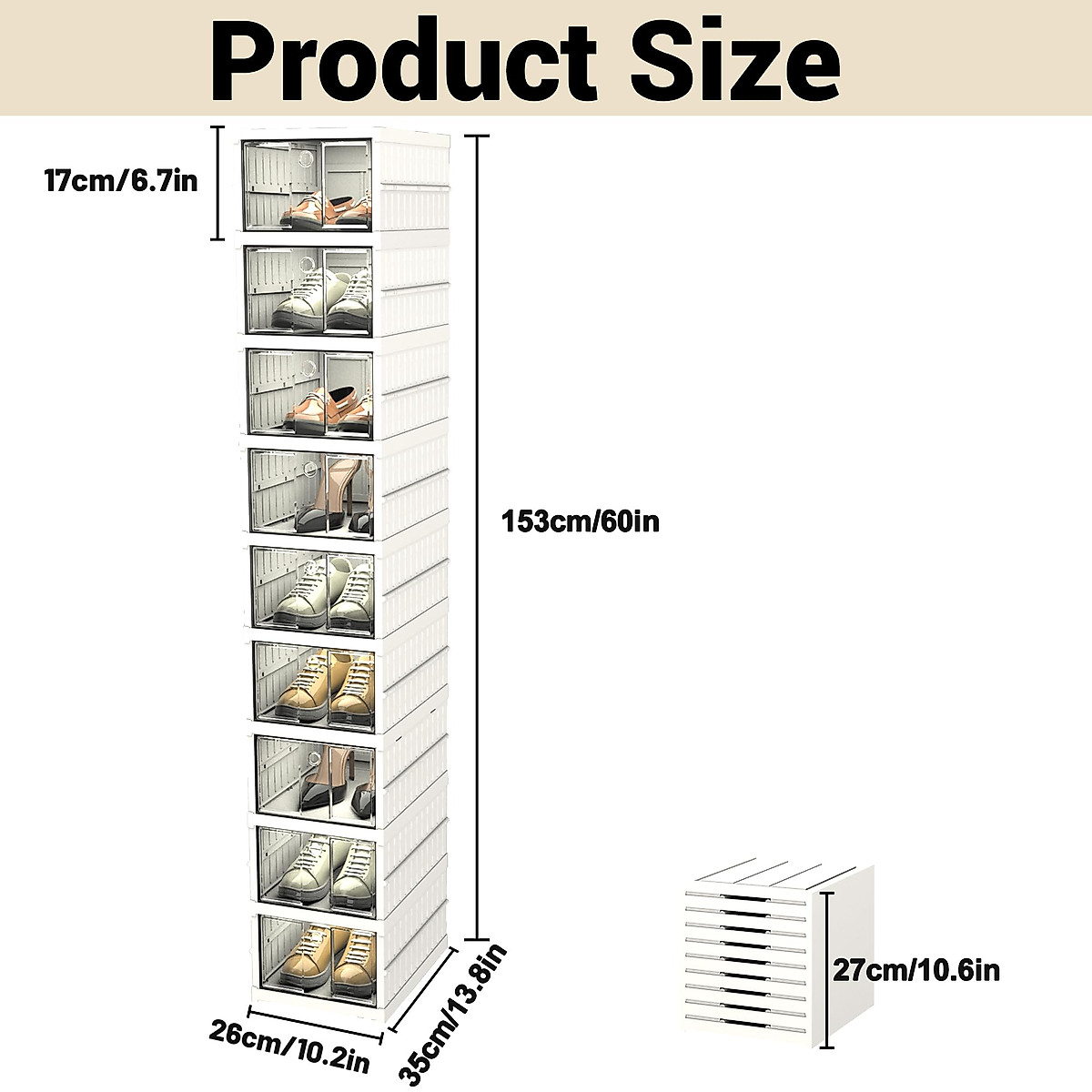 Lacusmall Collapsible Shoe Organizer with Doors,9 Tiers Stackable Shoe Organizer for Closet,No Assembly Sturdy Clear Collapsible Shoe Cabinet for Living Room Bedroom(White)