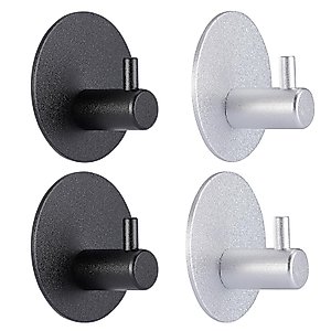 Anyffei 4Pack Adhesive Towel Hooks, Black and Silver Matte Towel Hooks Heavy Duty Waterproof Stainless Wall Hooks for Coat/Robe/Towels Stick on Bathroom/Kitchen