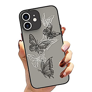 LSL Compatible iPhone 12 Black and White Butterfly Case, Translucent Matte Soft TPU Bumper Case Cute Black and White Butterfly Print Pattern Design Hard PC Back Clear Case 6.1 Inch
