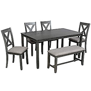 6 Piece Dining Table Set, Wood Dining Dinette Table and 4 Chairs with 1 Bench with Cushion, Rustic Style Kitchen Table Set for 6 Persons, Gray