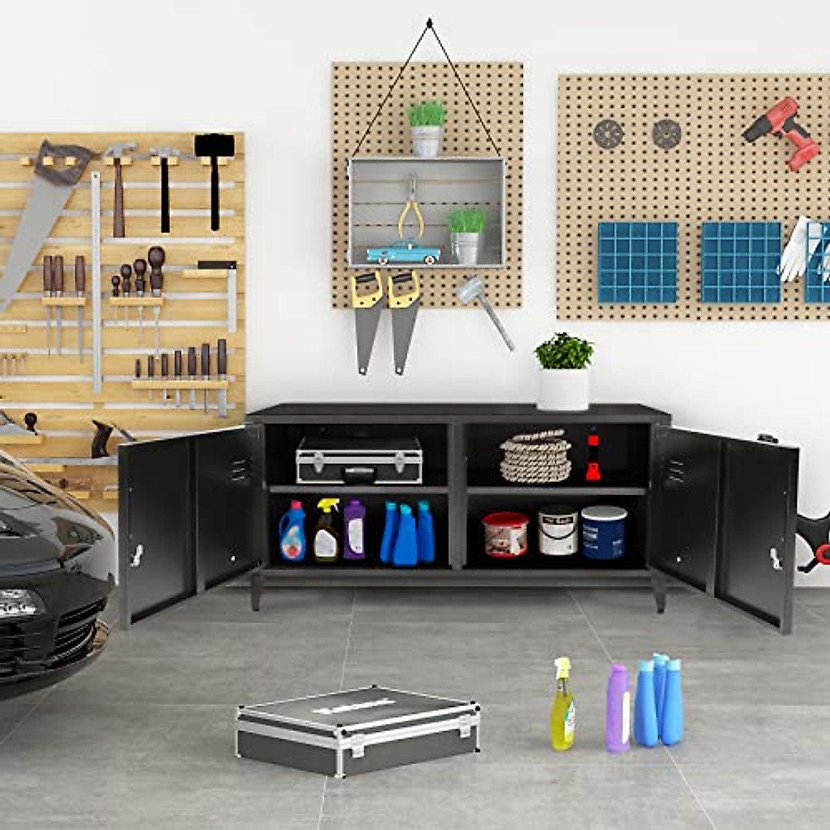 DOALBUN Metal Storage Cabinet, 2 Door Metal Locking Cabinet, Steel Lockable Office Storage Cabinet with 2 Shelves for Home Office, Garage and Warehouse (Black)