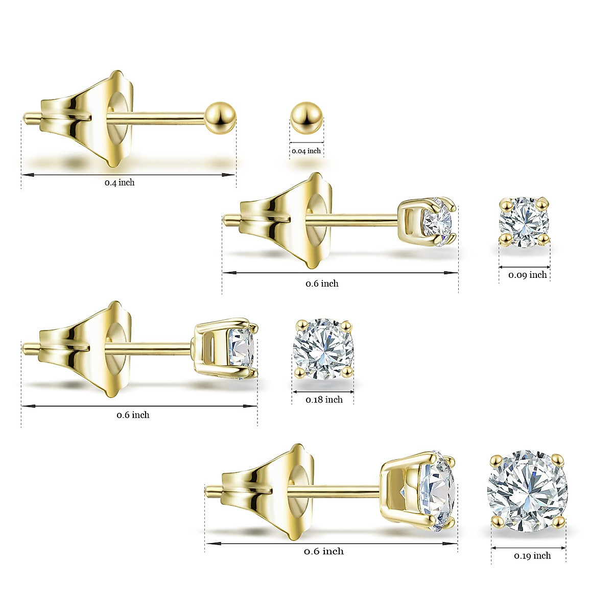 Dabestapp 14K Gold Plated CZ Stud Earrings Simulated Diamond Hypoallergenic Piercing Ear Studs Set 2mm /3mm/4mm/5mm for womens and girls（4Pairs ）