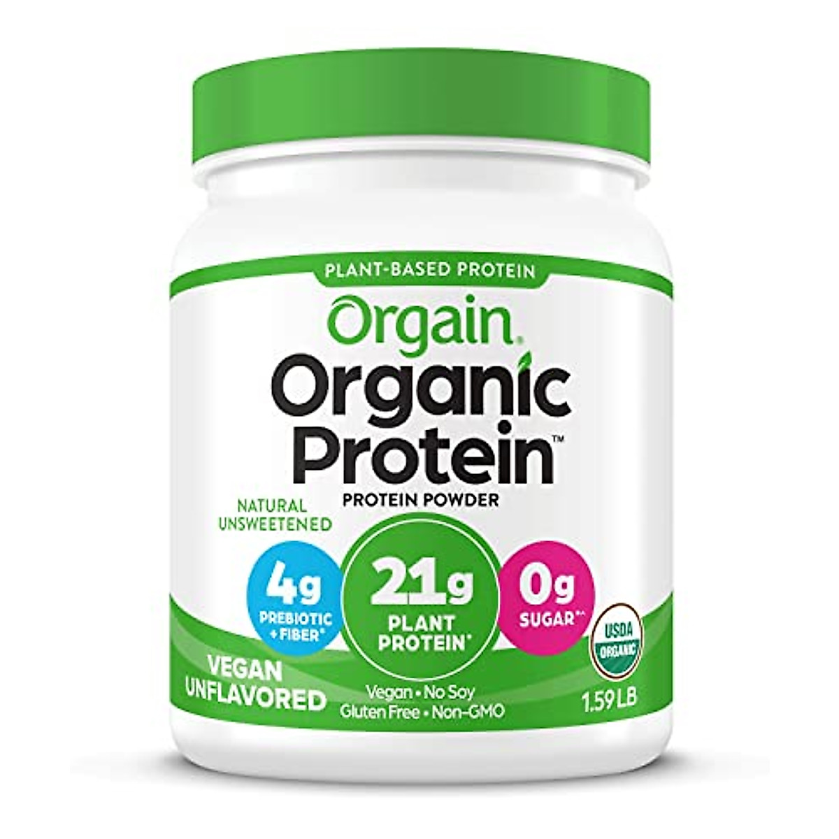Orgain Organic Unflavored Vegan Protein Powder, Natural Unsweetened - 21g of Plant Based Protein, Non Dairy, Gluten Free, No Sugar Added, Soy Free, Non-GMO, 1.59 lb (Packaging May Vary)