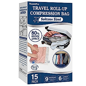 15 Compression Bags for Travel, Roll Up Space Saver Bags for Travel, Saves 80% of Storage Space, Travel Compression Bags for Packing & Clothes, No Pump or Vacuum Needed