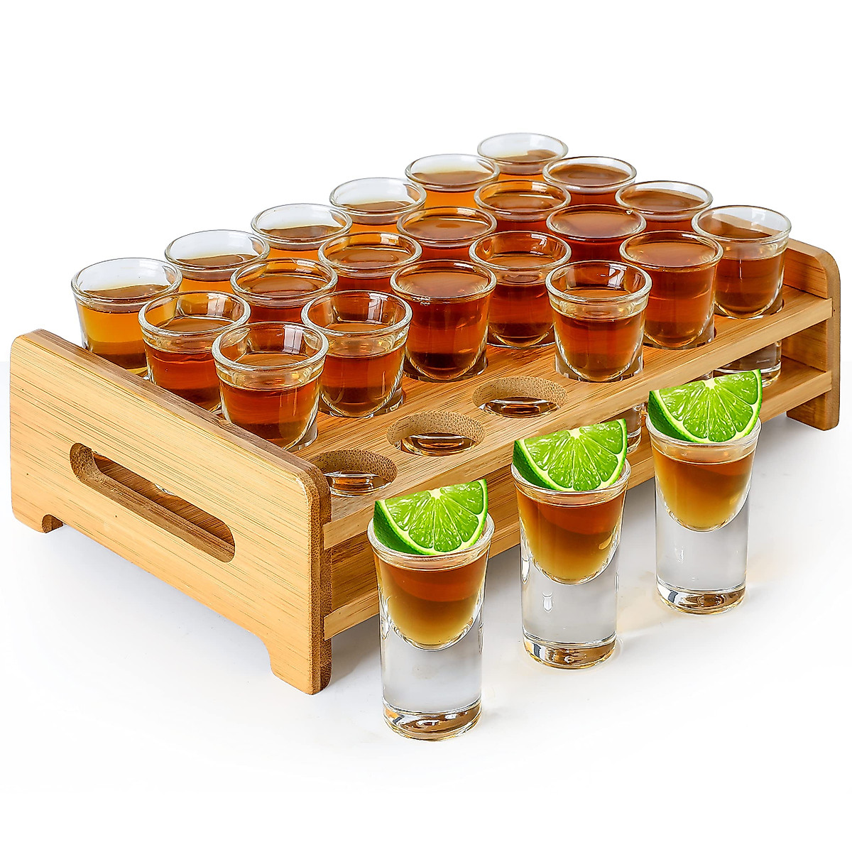 Supwinnet Shot Glasses Set 24pcs 0.5oz/15ml Mini Shot Glasses with Tray Holder Organizer Thick Base Clear Glass Cups Glassware for Party Club Bar Spirit Tasting Tool Set of 24