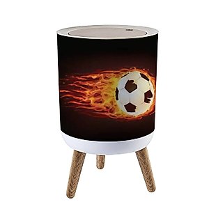 IBPNKFAZ89 Small Trash Can with Lid Soccer Ball in Fire Isolated on Black Garbage Bin Wood Waste Bin Press Cover Round Wastebasket for Bathroom Bedroom Office Kitchen
