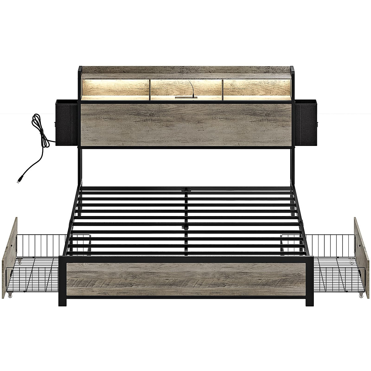 HAUSOURCE Queen Bed Frame with Bookcase Headboard and 2 Drawers LED Lights Metal Platform Non-Slip Without Noise Strong Metal Slats Support No Box Spring Needed (Greige, Queen)