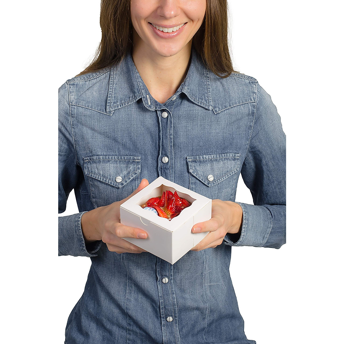 BAKELUV 4x4 Cookie Boxes with Window | White, 100 PCS | Small Treat Boxes, 4x4x2.5 Small Cookie Boxes, Bake Sale Boxes, 4 Inch To Go Bakery/Dessert, Cake Slice Boxes Individual, Cupcake/Muffin Box