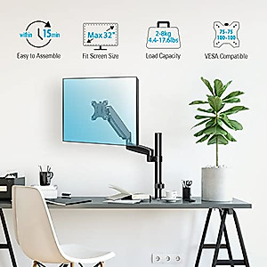 MOUNTUP Monitor Desk Mount, Monitor Stand for Desk Fits 17 to 32 Inch Screen, Tall Monitor Arm Gas Spring Computer Monitor Stand, Full Motion Height Adjustable VESA Mount with C Clamp & Grommet Base