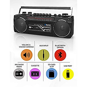 Riptunes Cassette Boombox, Retro Blueooth Boombox, Cassette Player and Recorder, AM/FM/SW-1-SW2 Radio-4-Band Radio, USB, SD, and Aux in, Black