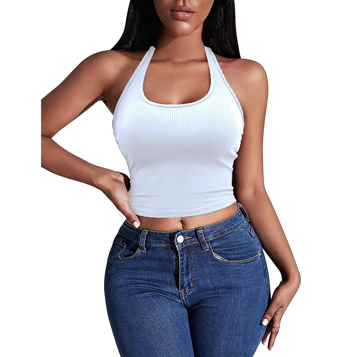 Ekouaer Women Halter Top Backless Scroop Neck Slim Stretchy Ribbed Knit Camisole Crop Tops(White,S)