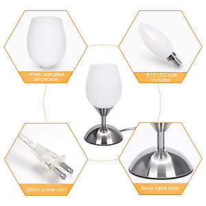 Boncoo Dimmable Touch Control Table Lamp, Small Lamp with Opal Glass Lampshade Ambient Light Bedside Little Lamp Silver Base Modern Accent Lamp for Bedroom, Living Room, E12 Bulb Included