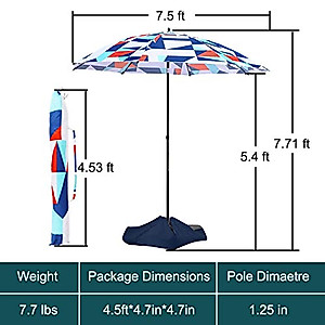 TOTEBOX Beach Umbrella, 7.5ft Portable Patio Sunshade Umbrella UPF 50+ Protection with Tilt Sand Anchor Carry Bag and Sand Bag for Yard and Pool