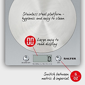 Salter Digital Kitchen Weighing Scales - Slim Design Electronic Cooking Appliance for Home/Kitchen, Weigh Food up to 5kg Aquatronic for Liquids ml and fl. Oz. 15Yr Guarantee - Silver