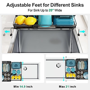 GSlife Expandable Dish Drying Rack - Large 2-in-1 Dish Racks for Kitchen Counter and Sink, Sink Dish Drainer with Drainboard, 2 Pan Slots and Utensil Holder, Black