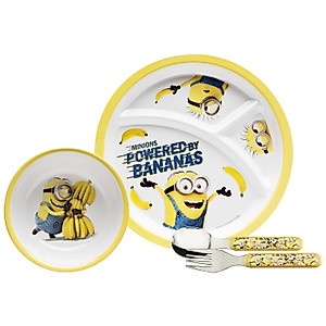 Zak Designs Minions Dinnerware Set Includes Melamine 3-Section Divided Plate, Bowl and Utensil Made of Durable Material and Perfect for Kids, 4 Piece Set, Minnions