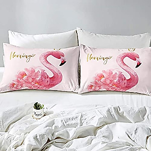 Feelyou Flamingo Duvet Cover Tropical Animal Pattern Bedding Set Pink Floral Comforter Cover for Girls Children Women Bedroom Decor Girly Flowers Bedspread Cover Full Size with 2 Pillow Case