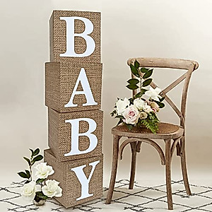 Burlap Print Baby Shower Boxes for Gender Reveal Party Gender Neutral Baby Shower Centerpiece Decor - 4 Pcs Burlap Grain Baby Cubes Baby Blocks with Letters, Rustic Baby Shower Decorations