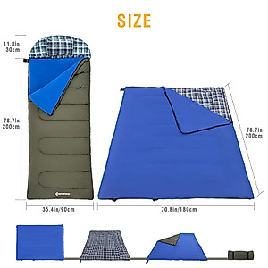KingCamp 3-in-1 Rectangle Flannel Sleeping Bag Oversize 90.5”×35.4” 3-4 Season 100% Cotton Sleeping Bags with Washable Liner, Pillow and Portable Handbag for Camping
