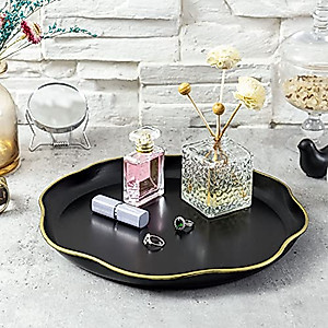 MyGift Modern Art Deco Matte Black Metal & Brass Tone Rim Serving Platter w/Scalloped Edges - 12-Inch Round Vanity Tray Display - Handcrafted in India