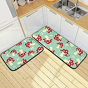 Apular Mushroom Red Kitchen Mat Set of 2 Kitchen Rug Set Non Slip Cushioned Heavy Duty Memory Foam Kitchen Runner Rugs and Mats Comfort Standing Mat for Office Desk Sink Laundry Home Decor