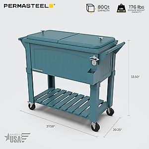Permasteel 80-Qt Antique Patio Cooler for Outside | Outdoor Beverage Cooler Bar Cart, Rolling Cooler with Wheels and Handles, Wooden Teak Accent, Teal Blue-Green