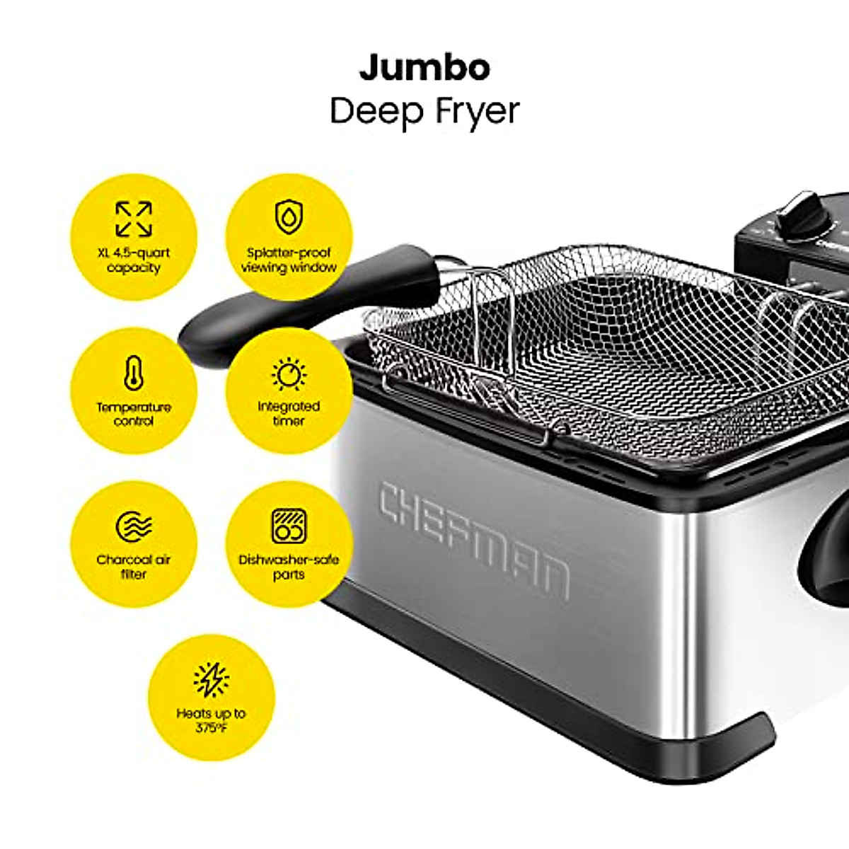 Chefman 4.5 Liter Deep Fryer w/Basket Strainer, XL Jumbo Size, Adjustable Temperature & Timer, Perfect for Fried Chicken, Shrimp, French Fries, Chips & More, Removable Oil-Container, Stainless Steel