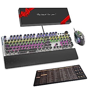 Mechanical Gaming Keyboard with Mouse Combo Multifunctional Mouse Pad 104 Keys White LED Backlit Keyboard with Palm Wrist Typewriter-Style USB Wired Gaming Keyboard for PC Mac Laptop