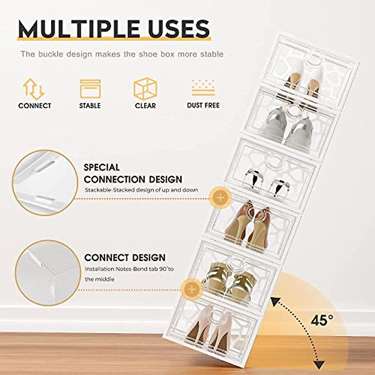 Pinkpum 12 Pack Shoe Storage Boxes, Clear Stackable Shoe Containers for Closet, Foldable Sneaker Storage Fit for Size 11