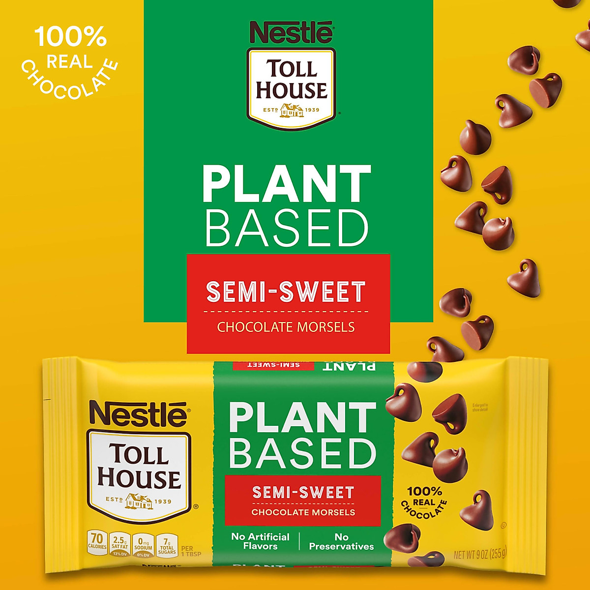 Nestle Toll House Plant Based Semi Sweet Chocolate Chip for Baking & Snacking, 100% Real Chocolate - Chocolate Morsels 9 Oz Bag