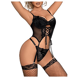 SOLY HUX Women's Sexy Garter Lingerie Set Lace Exotic Naughty Underwire Corset with Stockings 3 Piece Sets Pure Black S