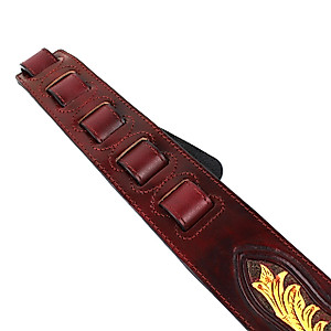 Walker And Williams LHR-37 Handmade Blood Red Premium Carving Leather Guitar Strap With Bright Gold Western Sheridan Carving Pattern And Padded Leather Back For Acoustic, Electric, And Bass Guitars