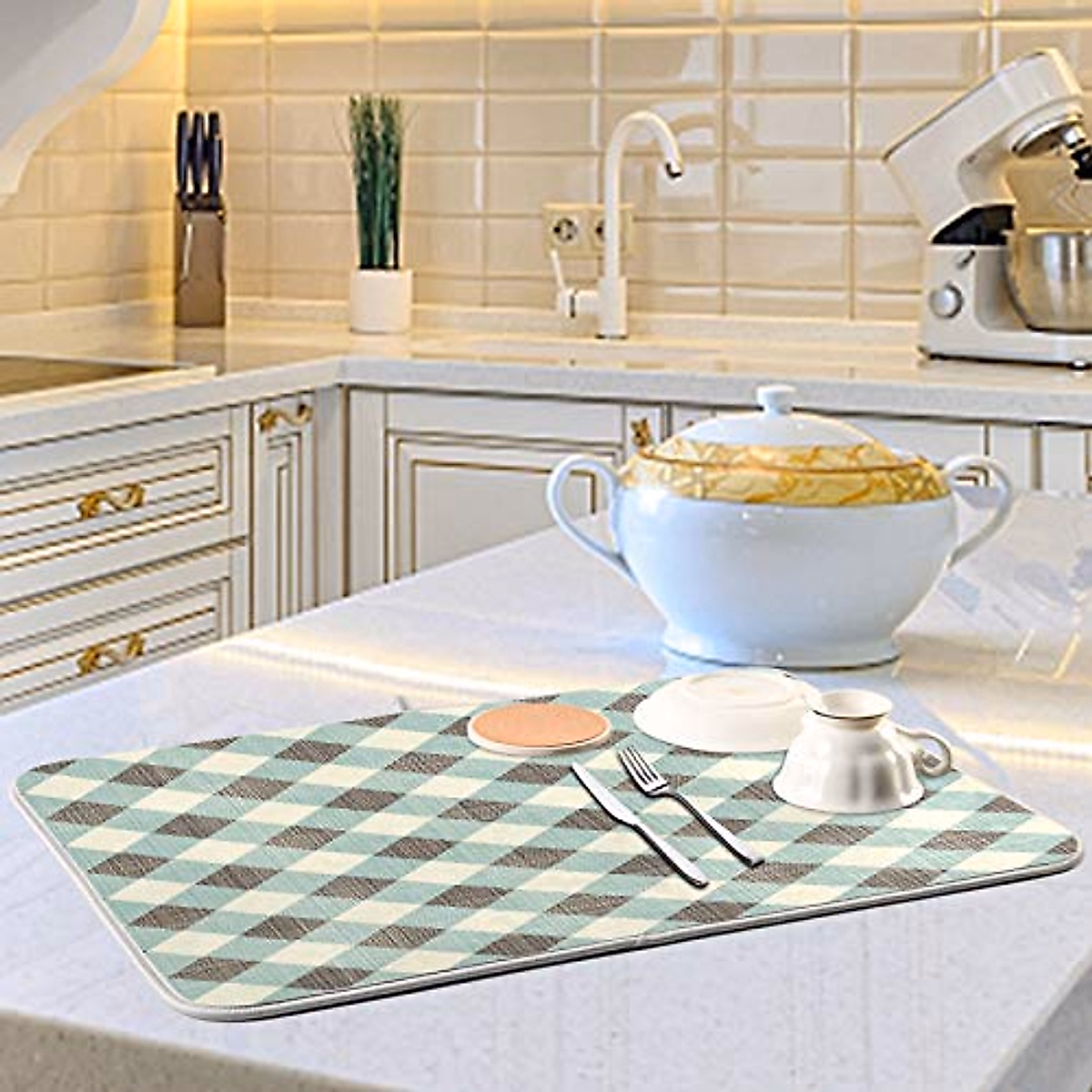 Trellis Grid Pattern Dish Drying Mat 16"x18" Absorbent Machine Washable Hanging Fast Dry Pad Dish Protective Mat for Kitchen Countertop Heat Resistant Dinner Table Mat