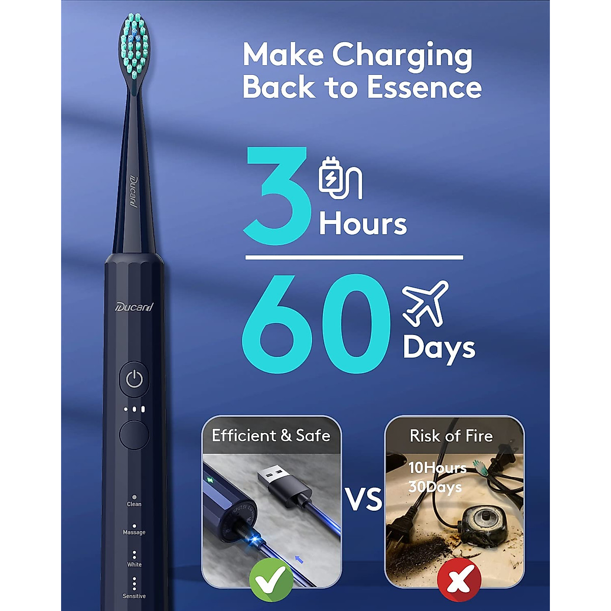 Ducard V7 Pro Electric Toothbrush for Adults- Rechargeable Toothbrush 12 Modes & 9 Brush Heads - 3 Hr Charge Last 60 Days Ultra Sonic Toothbrush for Adults (Navy Blue), (DY-152)