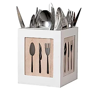 shinedecor Utensil Holder,Kitchen Flatware Caddy for Countertop with 4 Compartments Solid Wood Bamboo Organizer for Spoons Knives Forks Chopsticks Natural Color