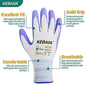 Kebada Gardening Gloves for Women, 2 Pairs Latex Coated Yard Gloves, Micro-Foam Textured Coating on Palm & Fingers, Breathable Womens Work Gloves, High Visibility, Medium, Lilac & Yellow