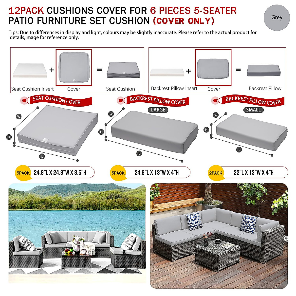 ClawsCover 12 Pack Outdoor Seat and Back Cushions Replacement Covers Fit for 6Pieces 5-Seater Wicker Rattan Patio Furniture Conversation Set Sectional Couch Chairs,Grey-Include Cover Only