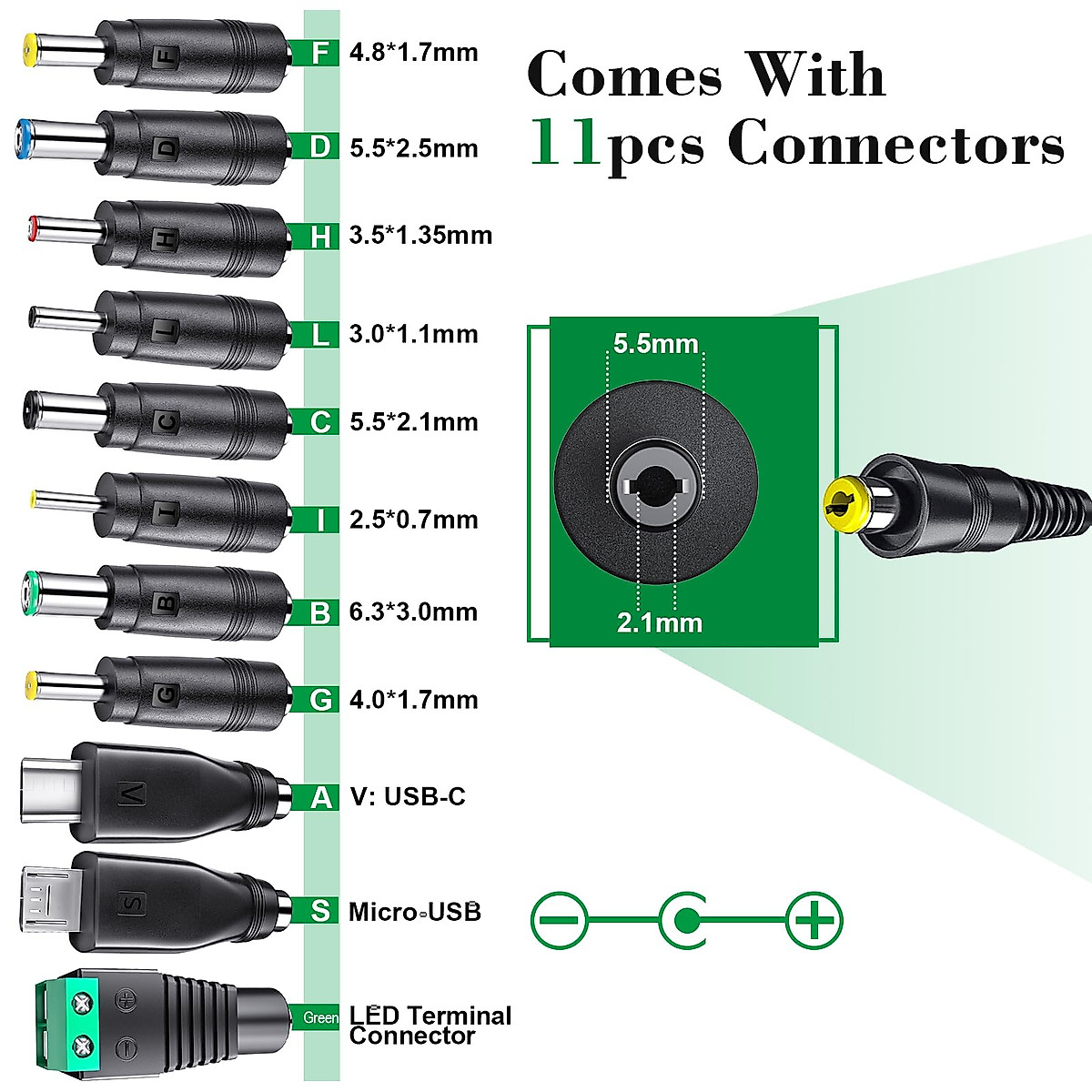SoulBay 48W Universal AC Adapter DC 5V 6V 7.5V 9V 12V 15V 19V 20V Switching Power Supply 100-240VAC Input US Plug Transformer with 11 Tips for Household Electronics, USB-C & 5.5 * 2.1mm Included