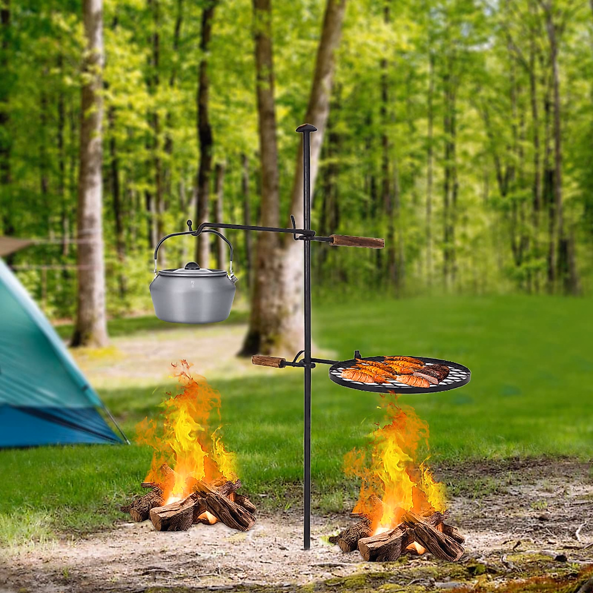 LINISHOP 2in1 Portable Campfire Grill Adjustable 360° Rotation Campfire Grill Fire Pit Grill Pan Rack BBQ Swivel Campfire Grill Charcoal Outdoor Camping Barbecue Tool Black New