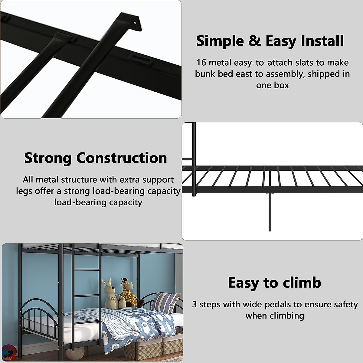 Lumelay Twin Over Twin Bunk Bed, Convertible Metal Bed Frame, Easy Assembly, Full-Length Guardrail, Space-Saving (Black)