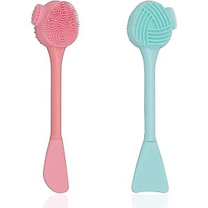 2 Pack Silicone Face Scrubber, 4 in 1 Facial Cleansing Brush, Handheld Face Wash Brush for Pore Cleansing, Gentle Exfoliating, Removing Blackhead, Blue and Pink